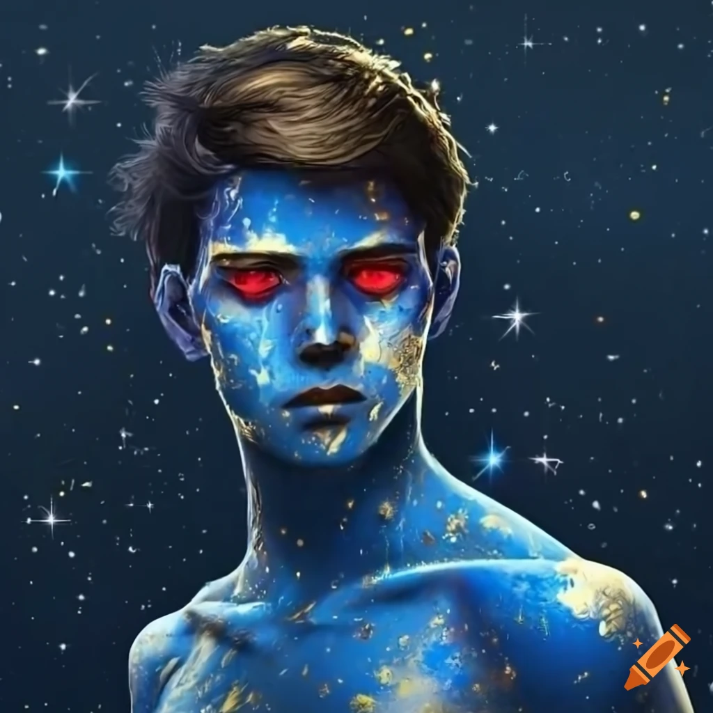 Man with indigo skin and celestial markings, flowing black hair and red ...