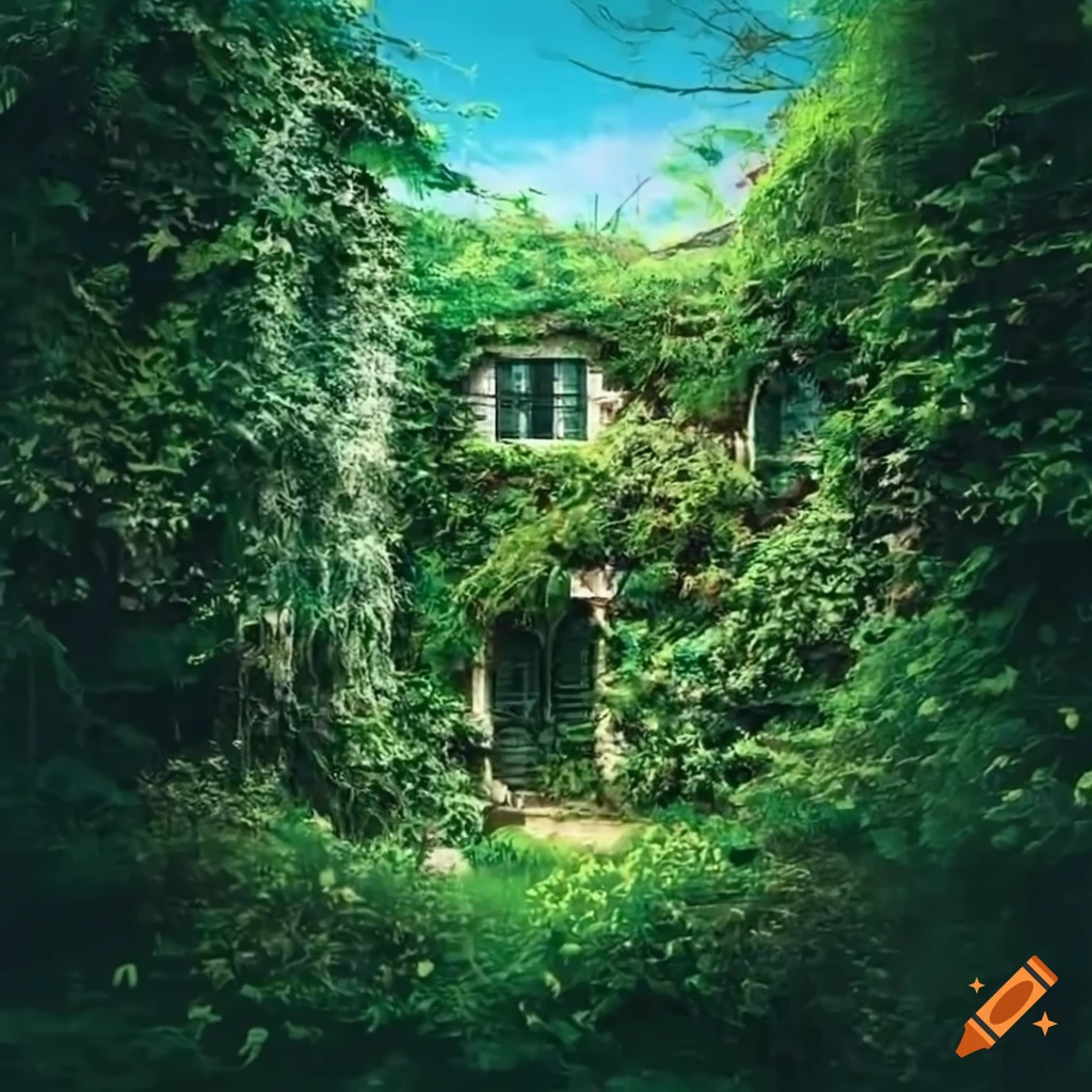 Overgrown greenery in a cottagecore setting on Craiyon