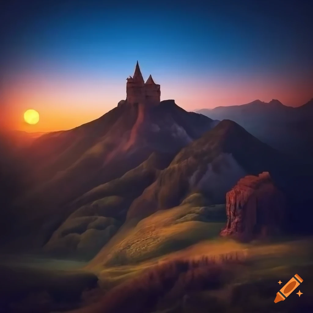 Peaceful castle on a foothill behind a large moonlit mountain