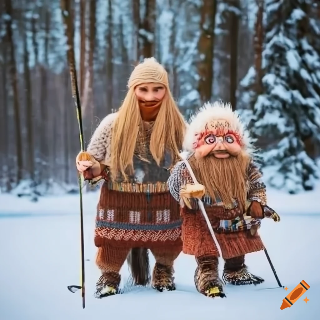 Two friendly viking dwarves skiing through an old forest in traditional Nordic attire on Craiyon