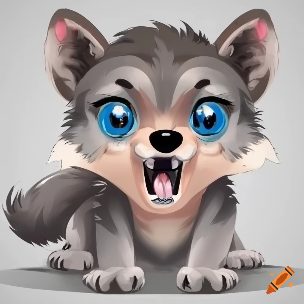 Cartoon wolf cub with open mouth and large blue eyes on Craiyon