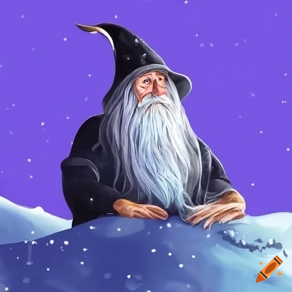 Wizard contemplating in a snowy mountain on Craiyon