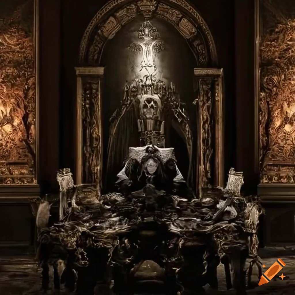 Sophisticated vampire lord at a bone table in a grand hall on Craiyon