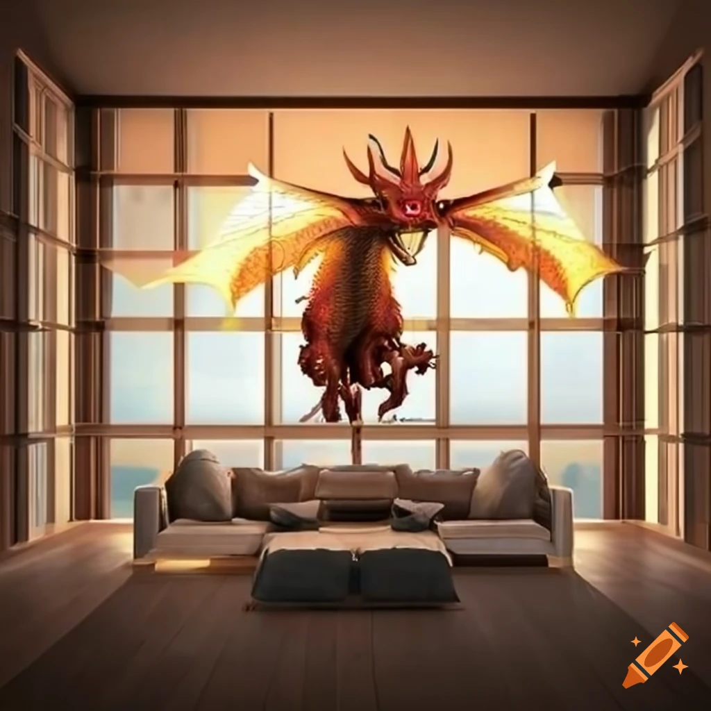 Modern interior design with large windows and a 3d dragon flying in the ...