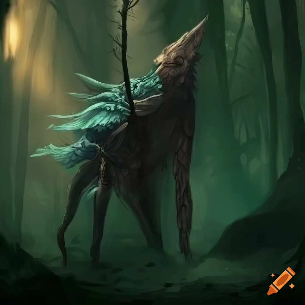 Small mystical creature in a dark ashen forest in detailed fantasy ...