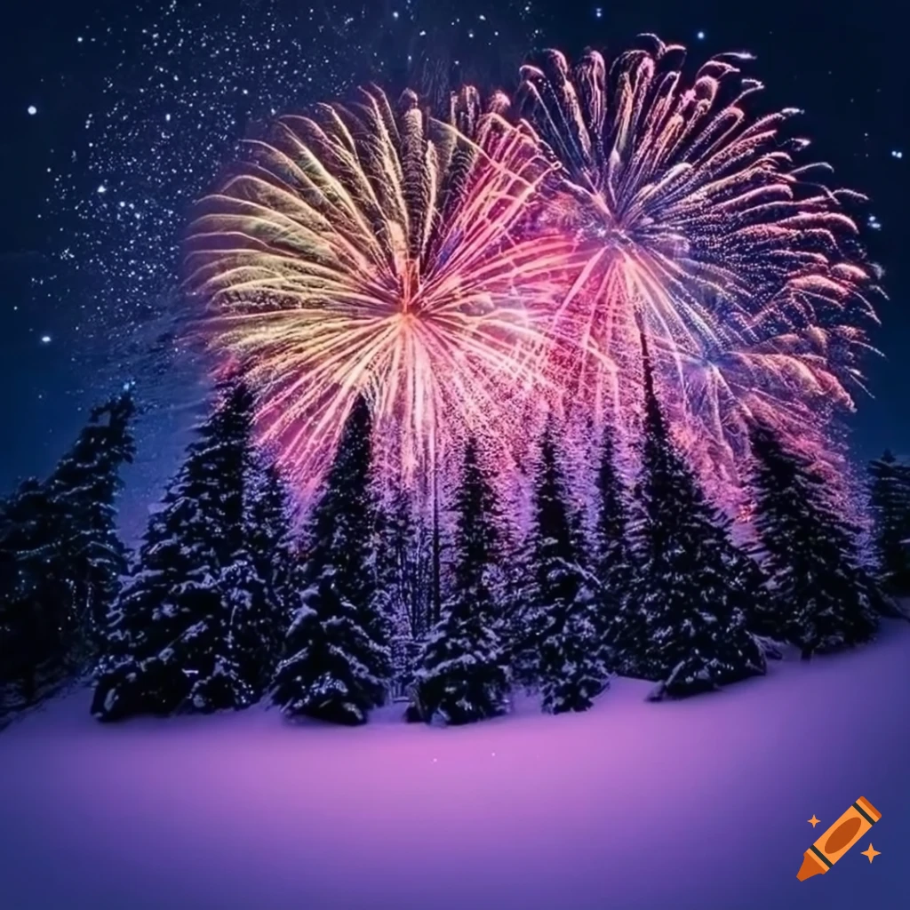 Colorful fireworks over a snowy forest on a starry night on Craiyon