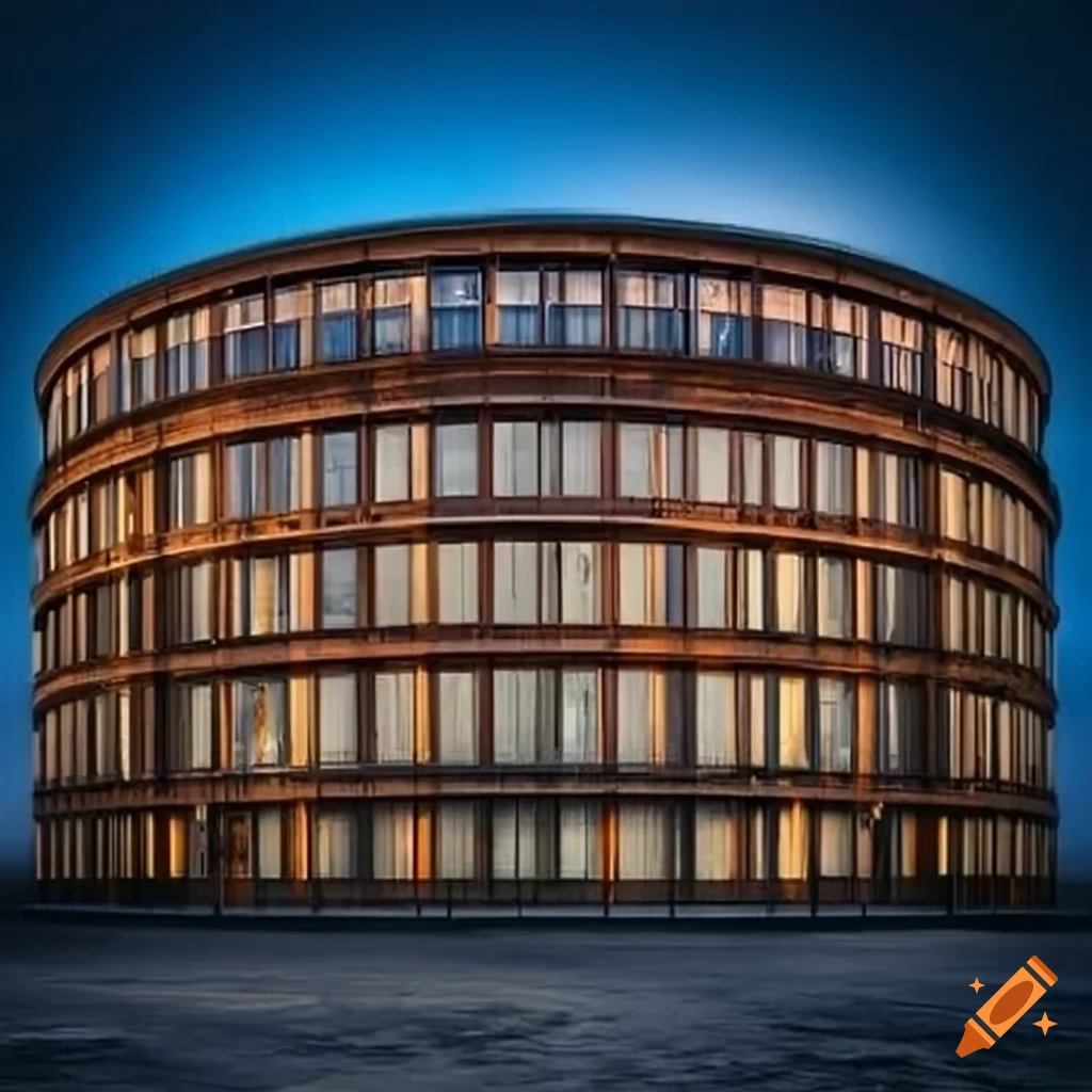 Modern round building with large windows and wood frame on Craiyon