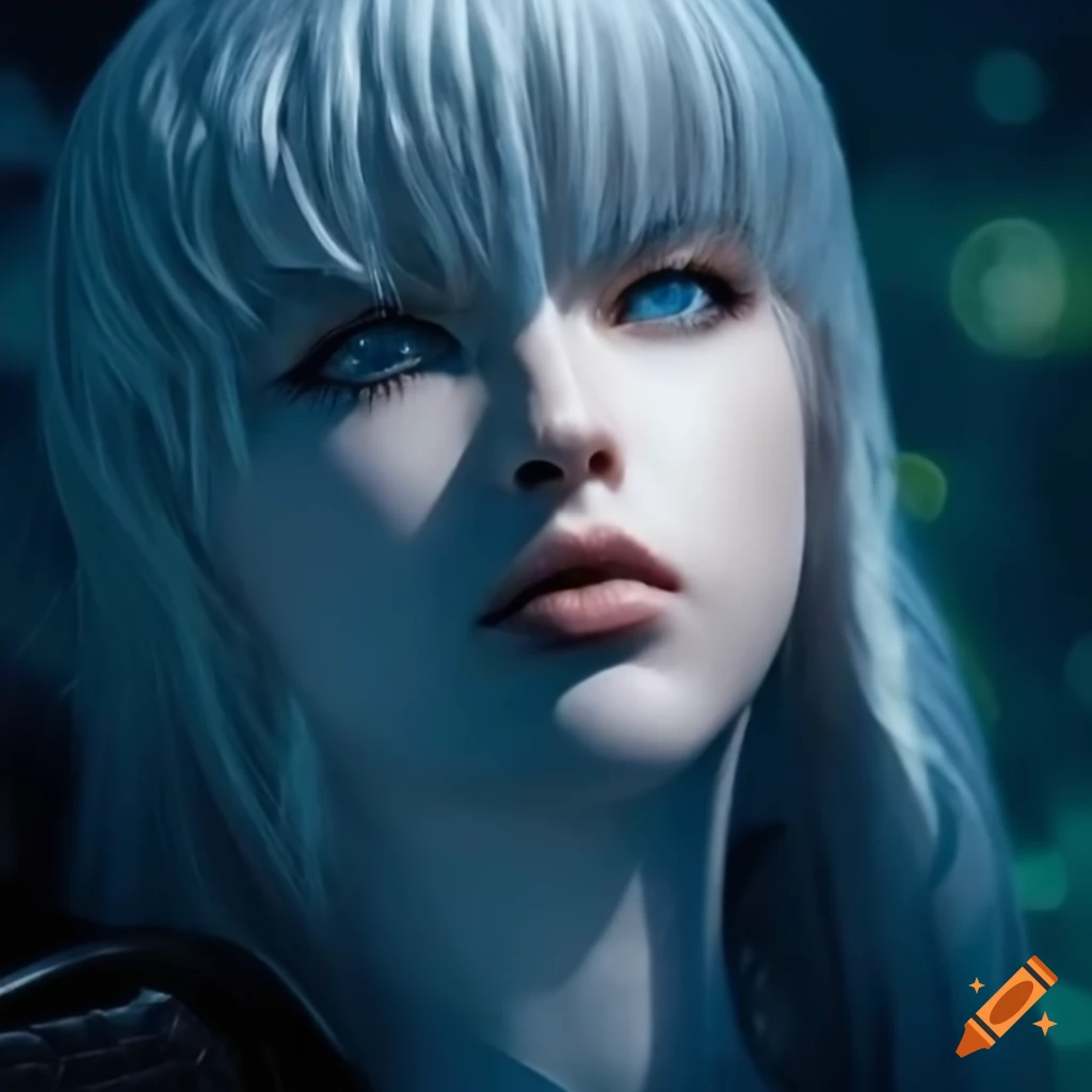 Portrait of griffith with white hair and blue eyes in photorealistic ...