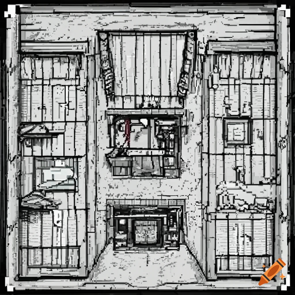 Pixel art horror house interior view from above in a game