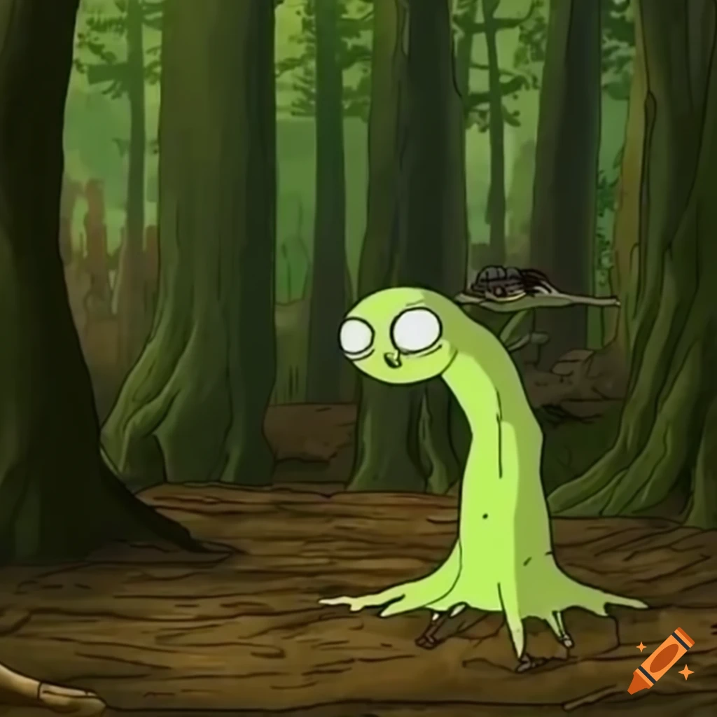 Rick and Morty characters resembling walking trees in a forest on Craiyon