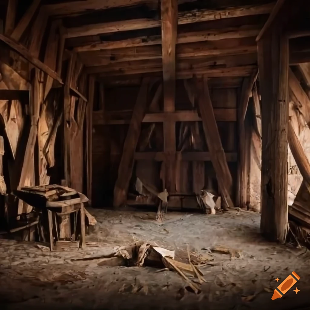 Interior of an empty barn with a broken manger
