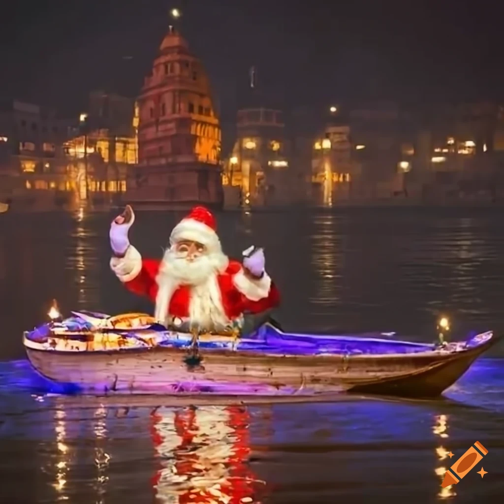 Santa claus on a riverboat at varanasi ghats, india on Craiyon