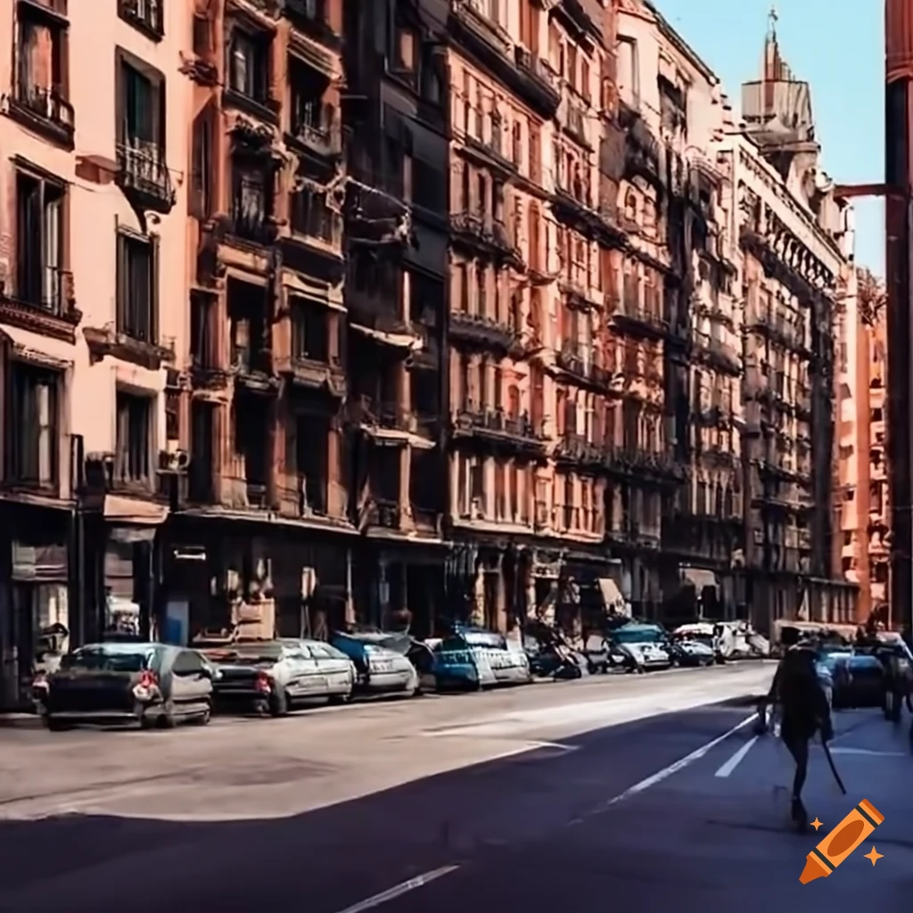 Crowded streets of madrid with white chicago school apartment buildings ...