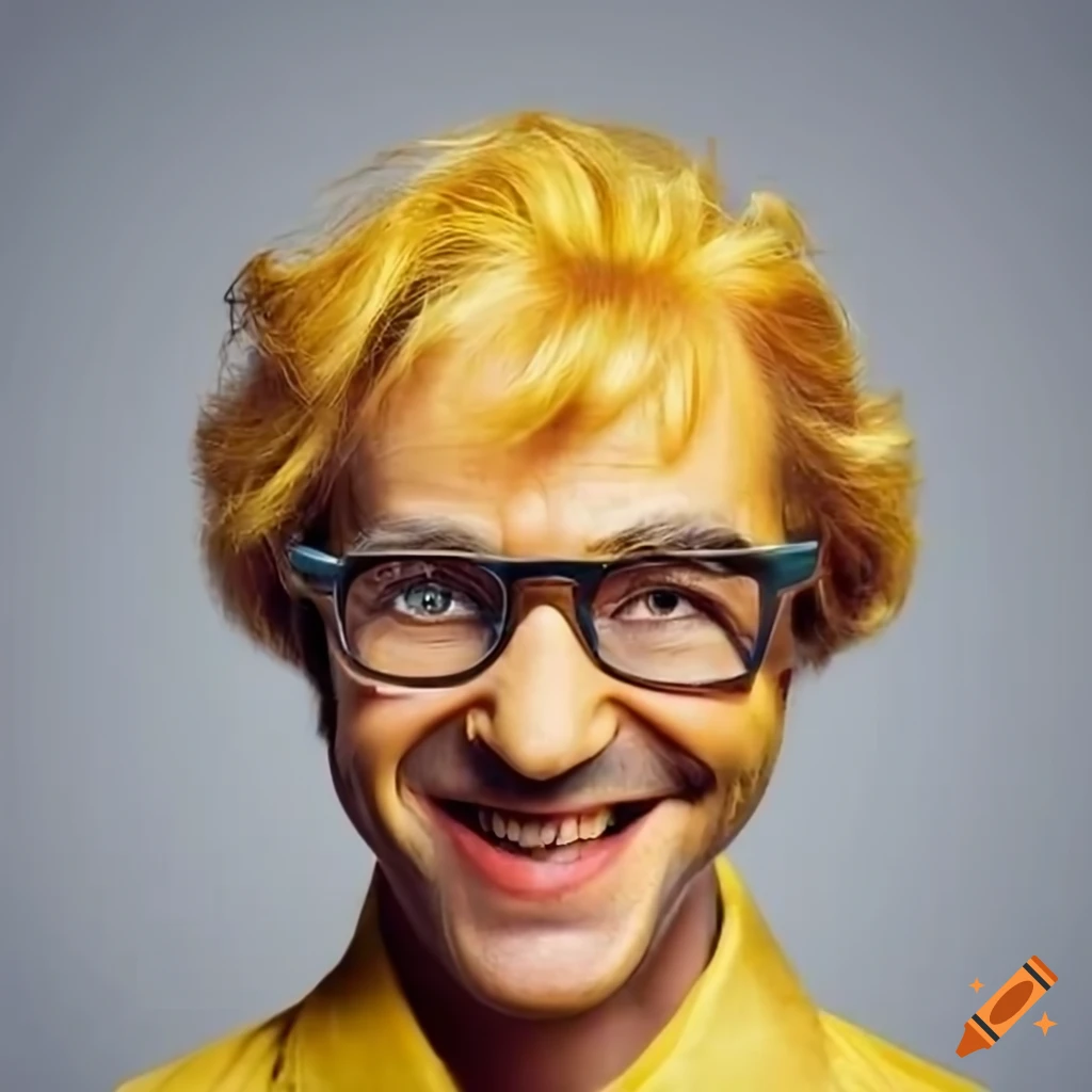Smiling man in yellow shirt and glasses on light gray background on Craiyon