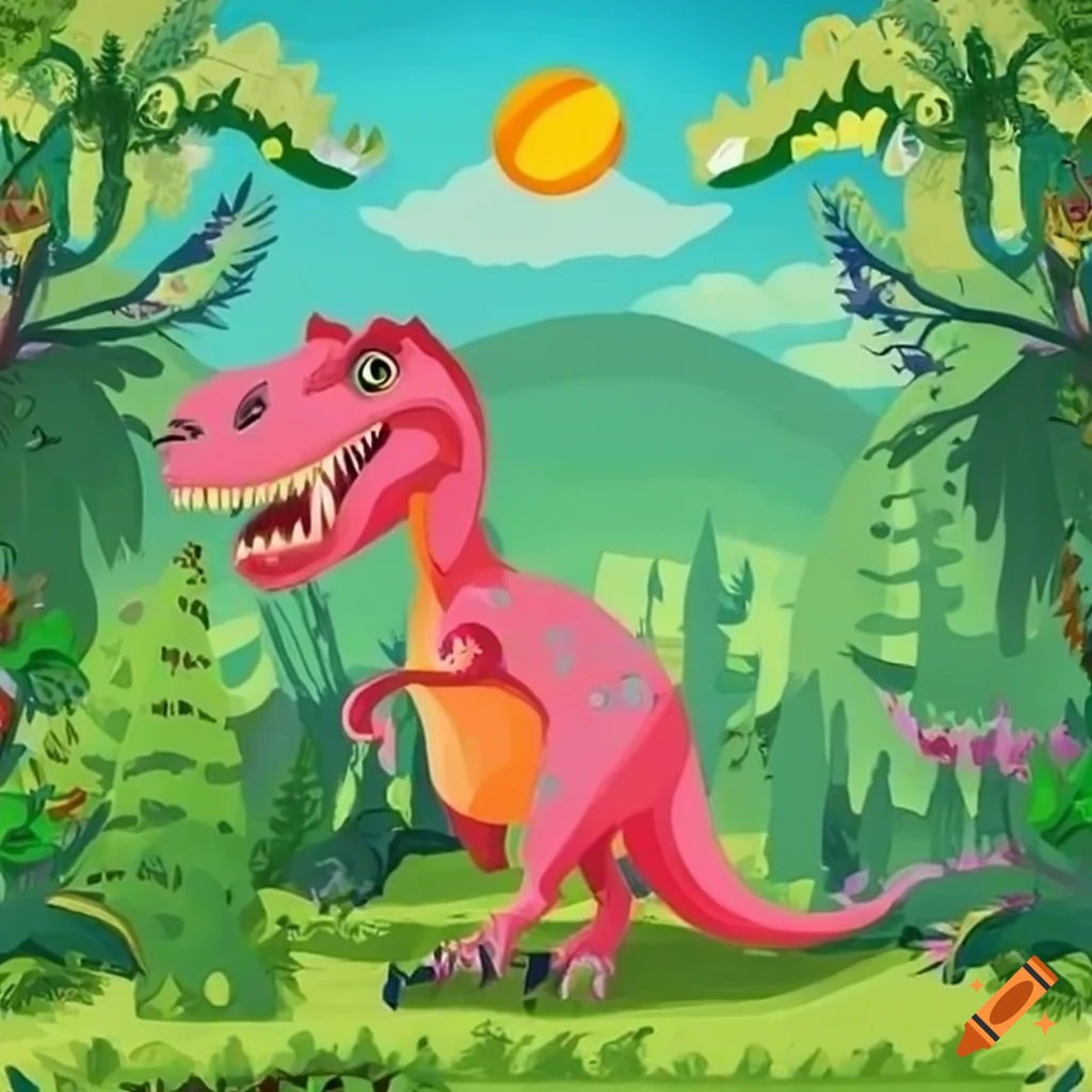 Colorful whimsical forest scene with friendly t-rex in lush greenery on ...