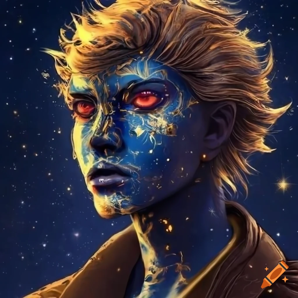 Man with indigo skin and celestial markings, flowing black hair and red ...