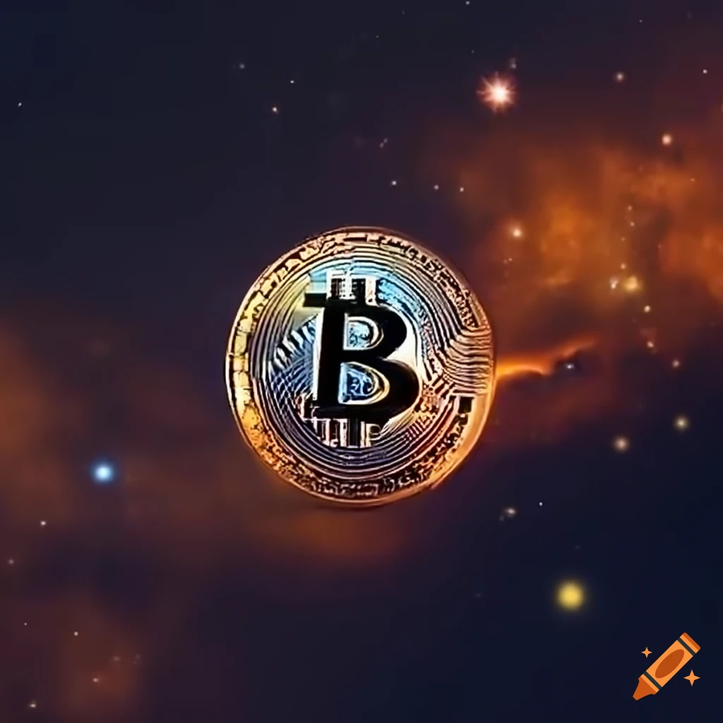 Flying bitcoins in outer space on Craiyon