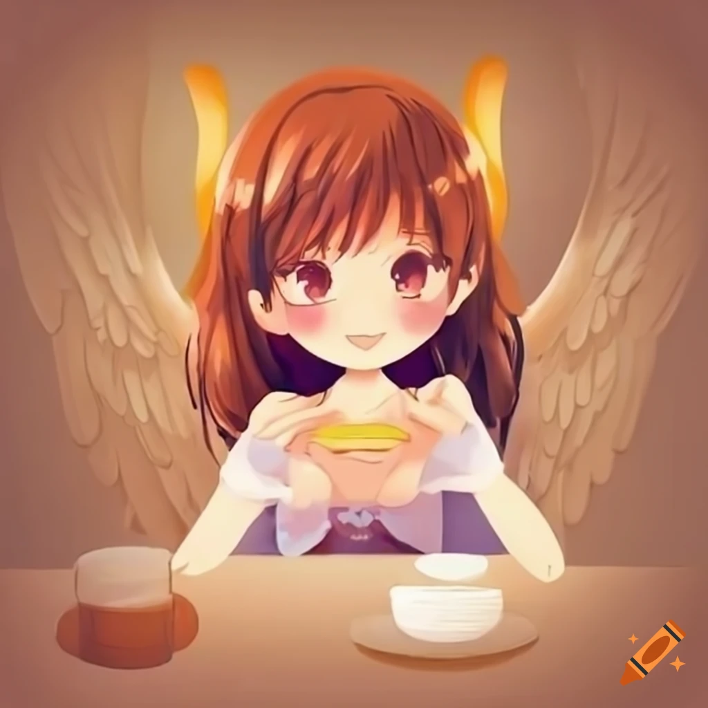 Smiling angel sitting in a cafe on Craiyon