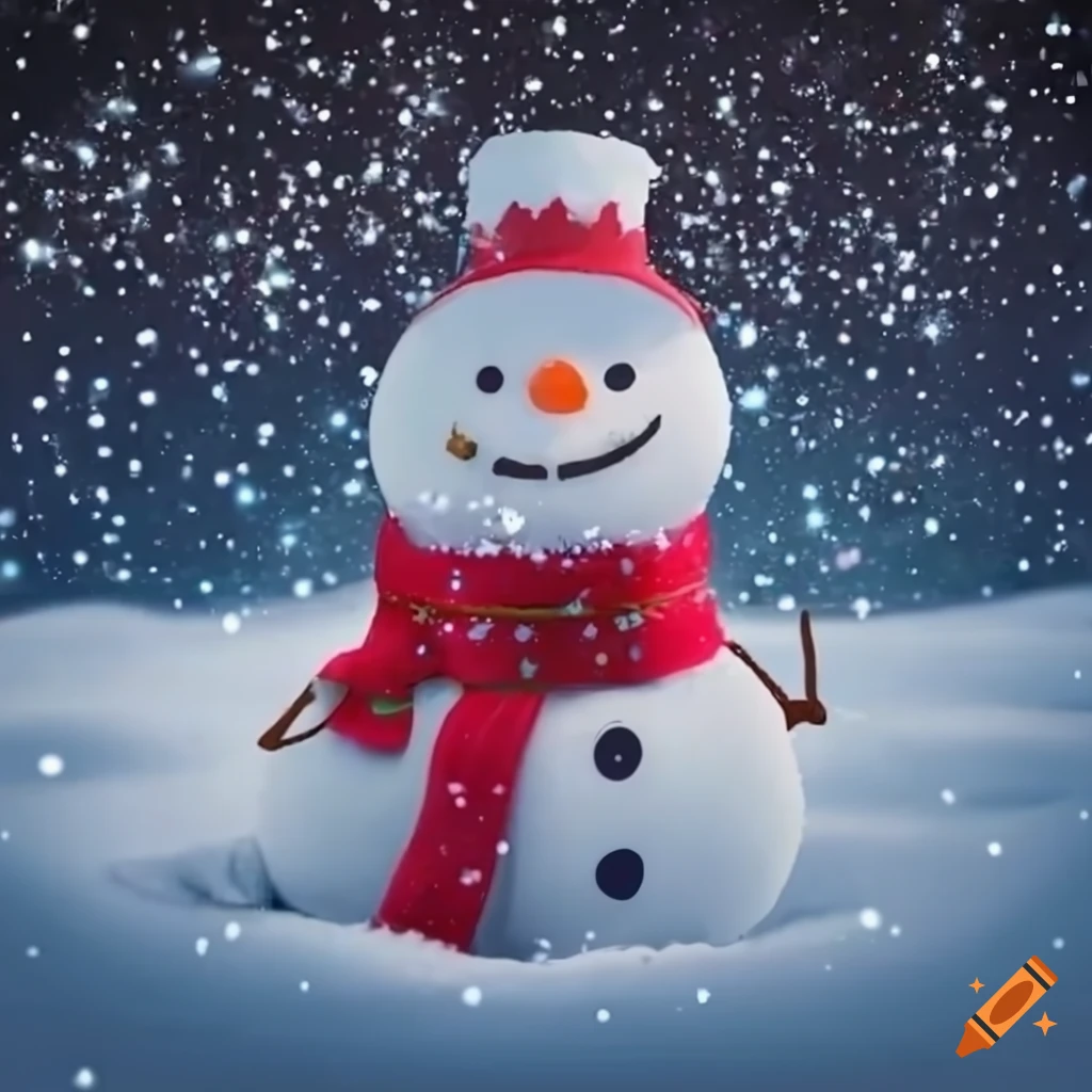 Snowman saying hello with falling glitter for the holidays on Craiyon