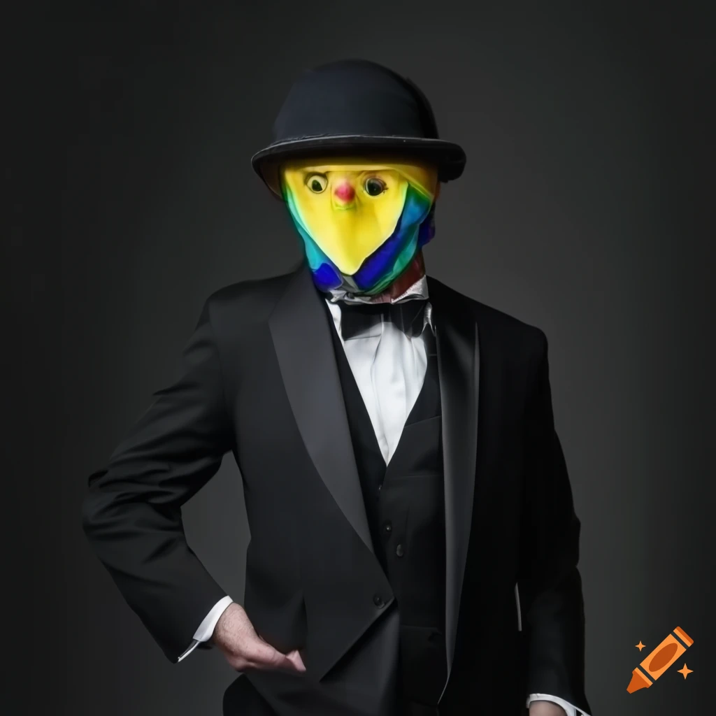 Man in tuxedo and bowler hat wearing a colorful mask on Craiyon