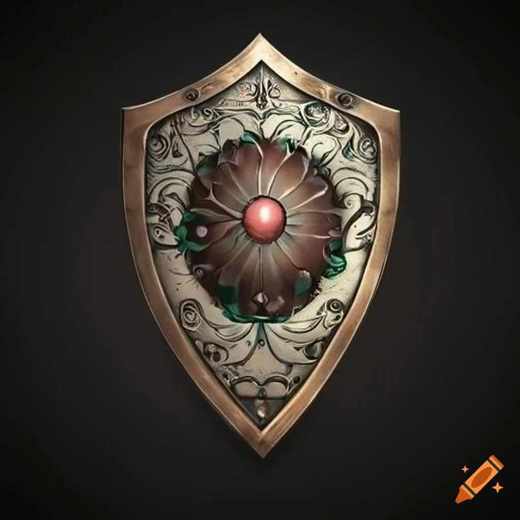Fantasy steel shield with flower emblem and plant filigree on Craiyon
