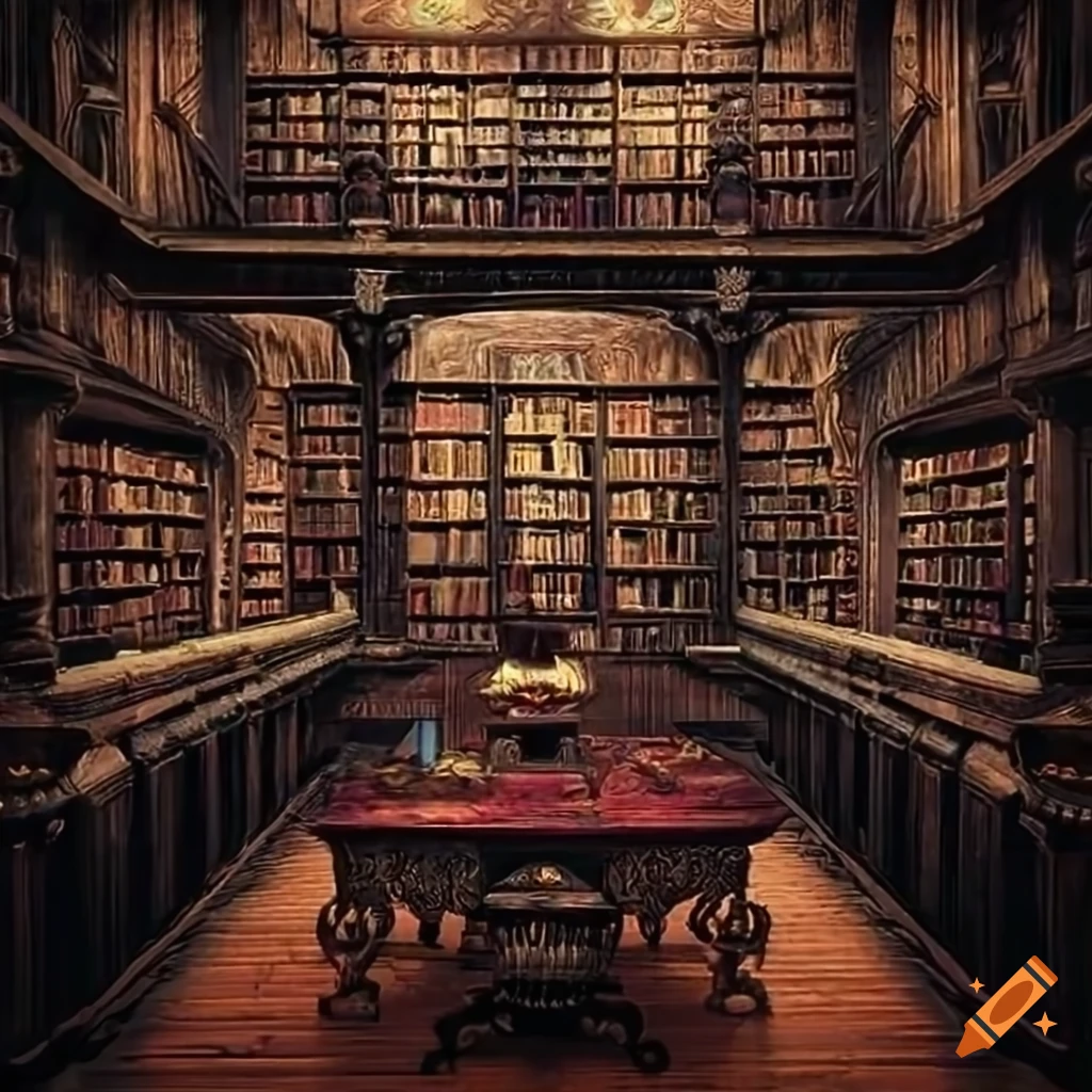 Dark cluttered library with ancient books and magical artifacts in ...