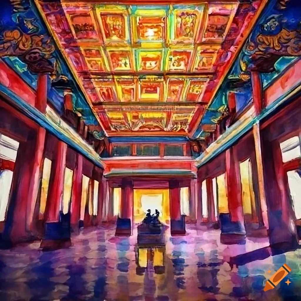 View of a ming dynasty imperial palace reception hall in watercolor ...