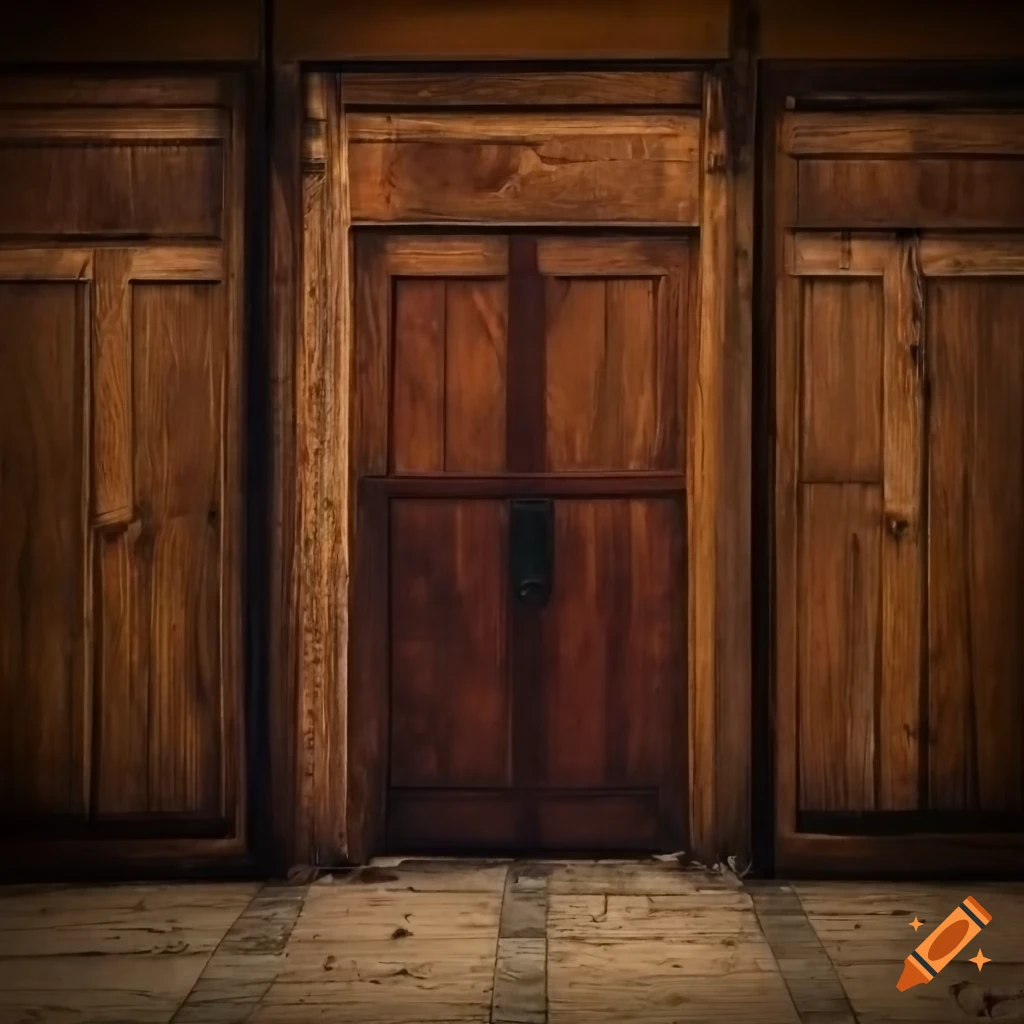 Old wooden wall with three doors to different rooms