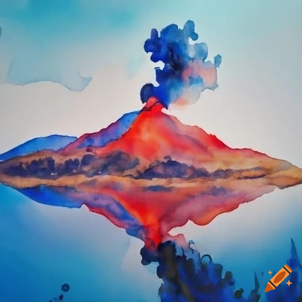 Scalding tarn volcano boiling water watercolor painting in blue and red ...
