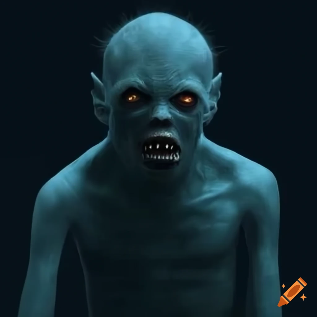 Thin pale humanoid monster with glowing eyes and big teeth in dark ...