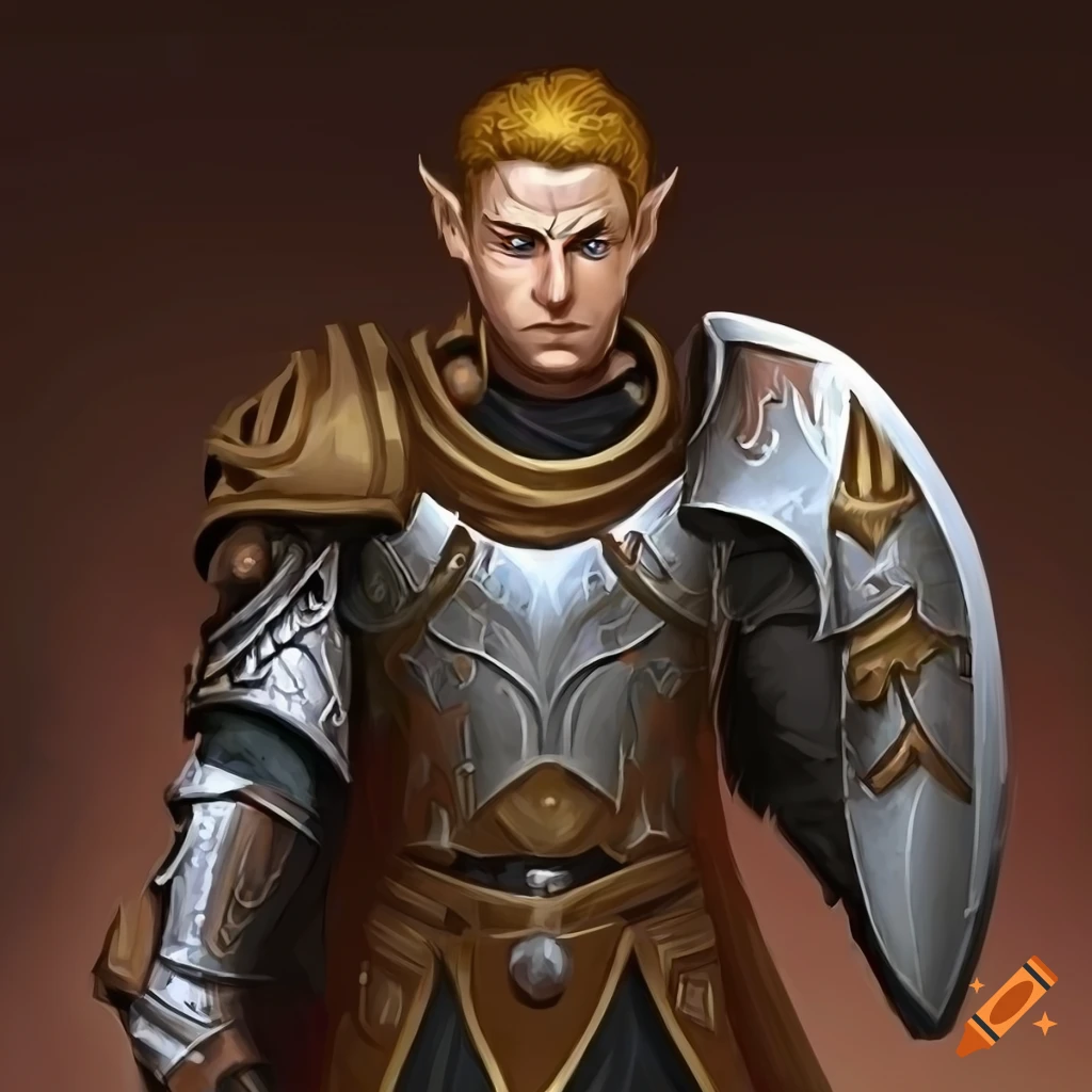 Male half-elf paladin in heavy armor with a warhammer and a shield on ...