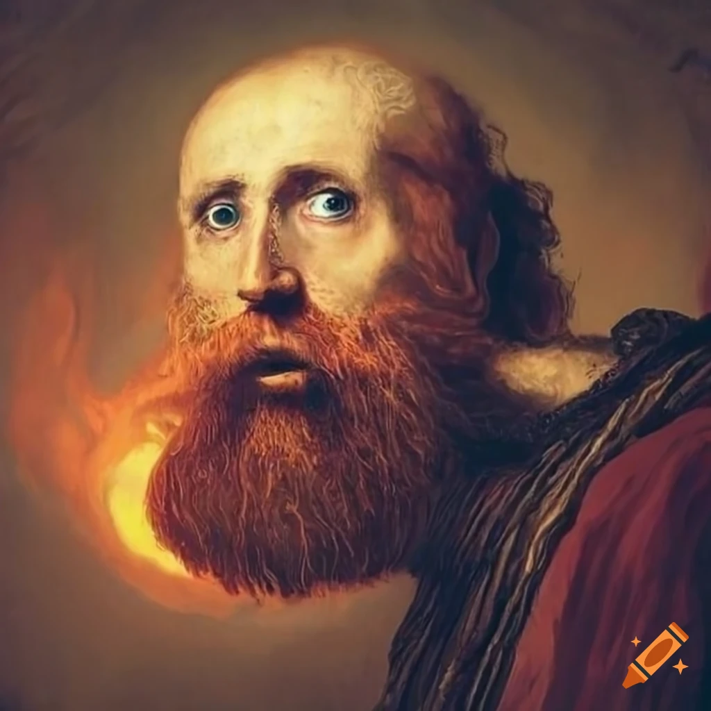 Mad ancient greek man staring at the fire from the volcano, inspired by ...