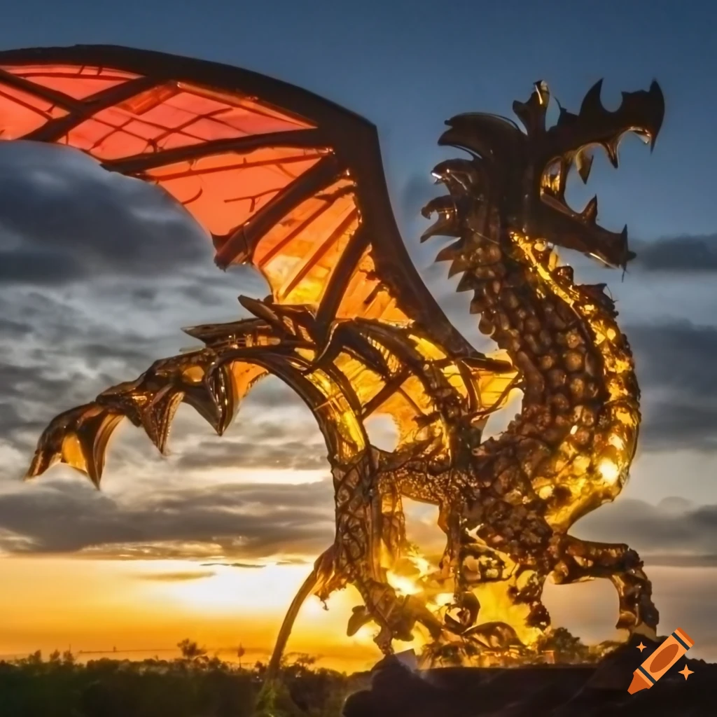 Glass dragon with sunset lighting and reflections on Craiyon