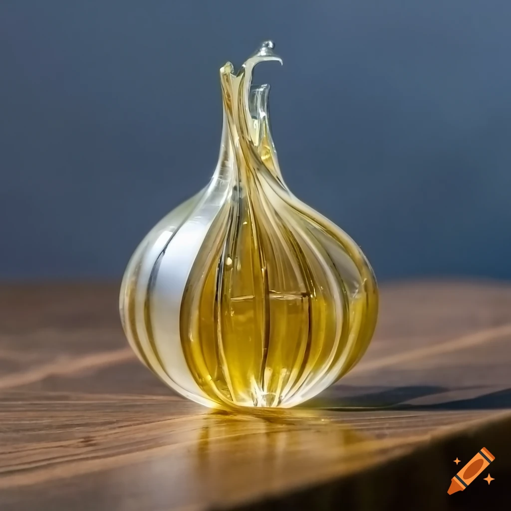Glass sculpture of a small onion on a wooden table with evening light ...