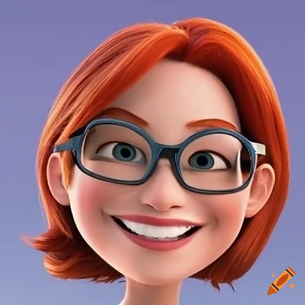 Happy smiling woman with red hair wearing glasses in Pixar Disney 3D animation on Craiyon