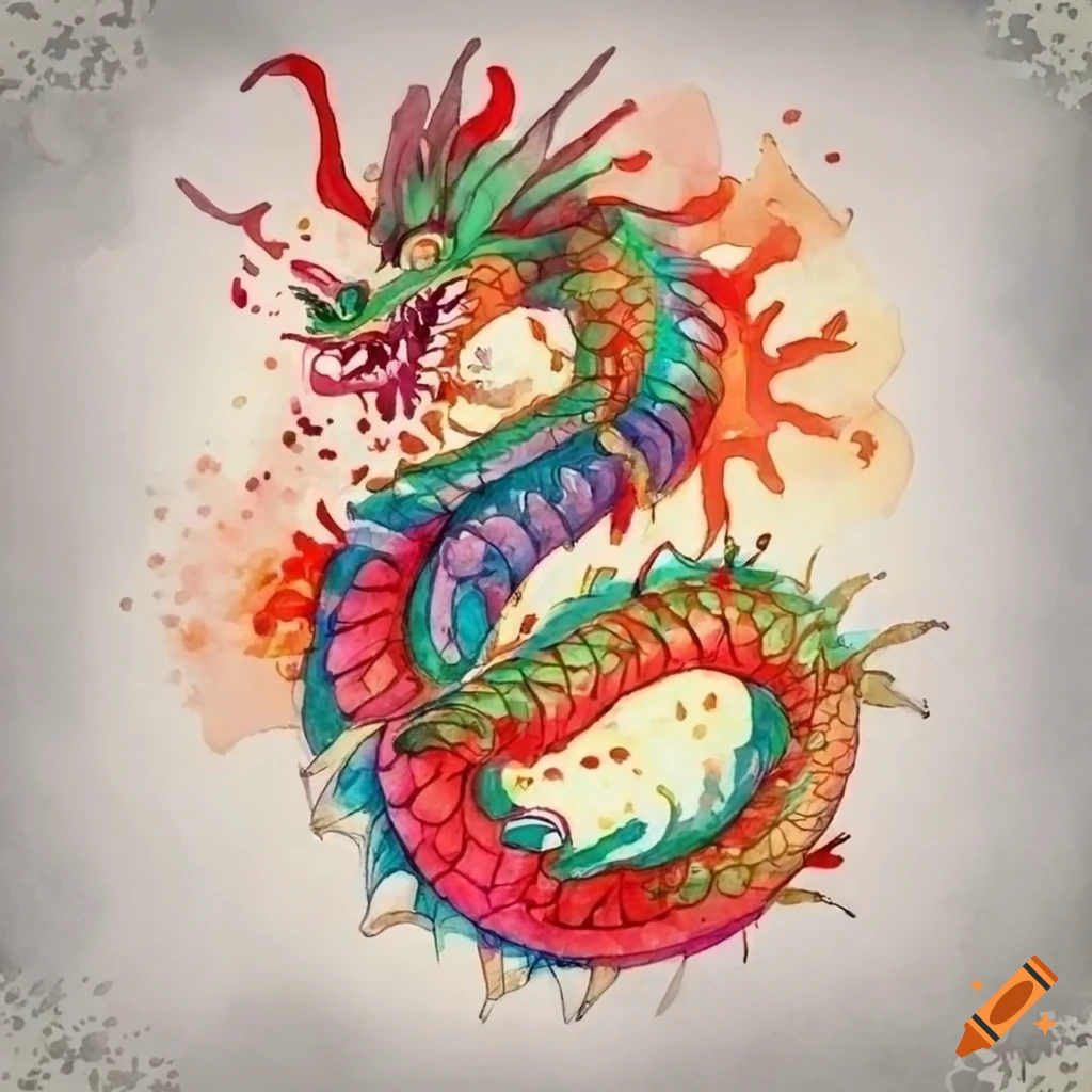 Japanese style watercolor of new year dragon at a temple on Craiyon