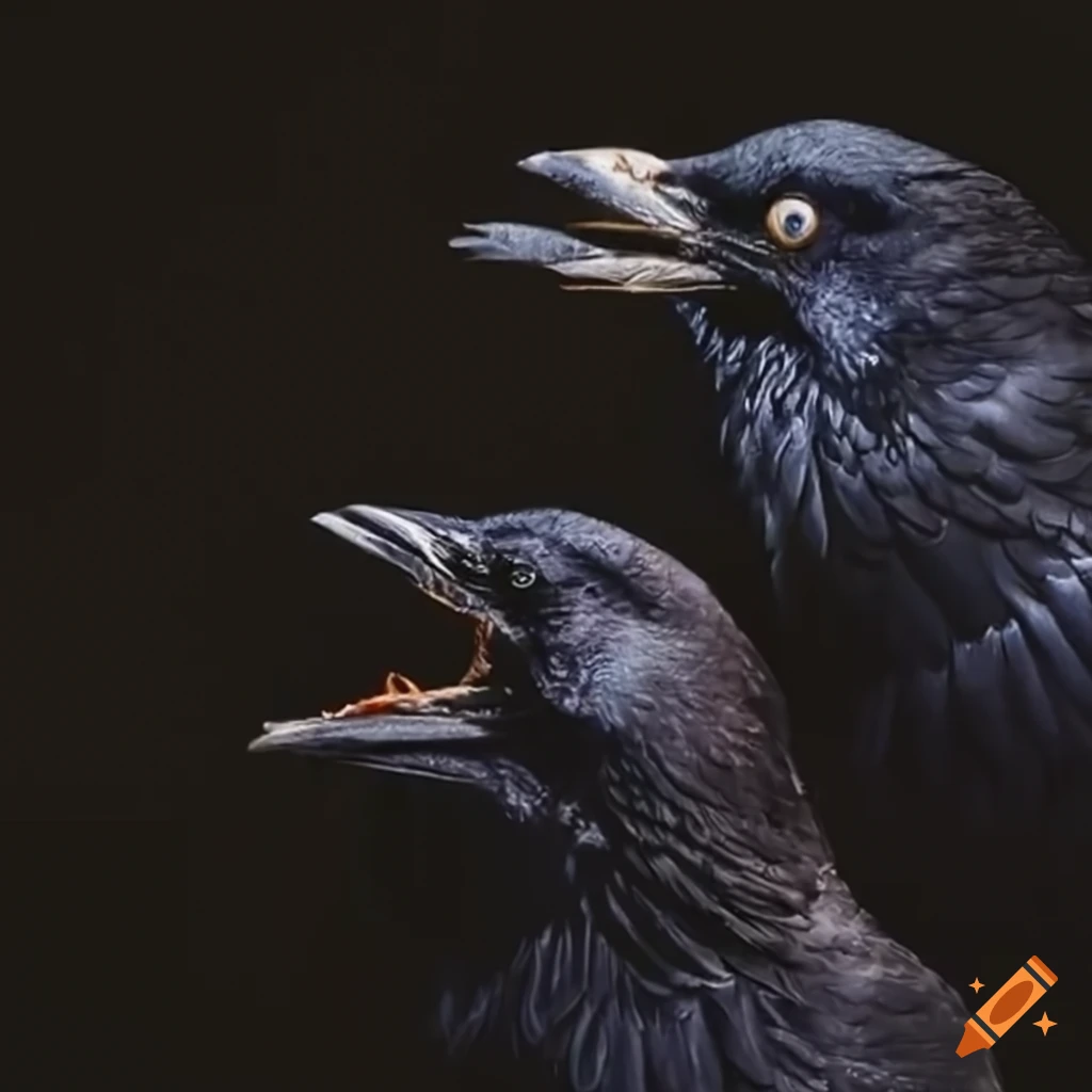 Two raven heads touching beaks on Craiyon