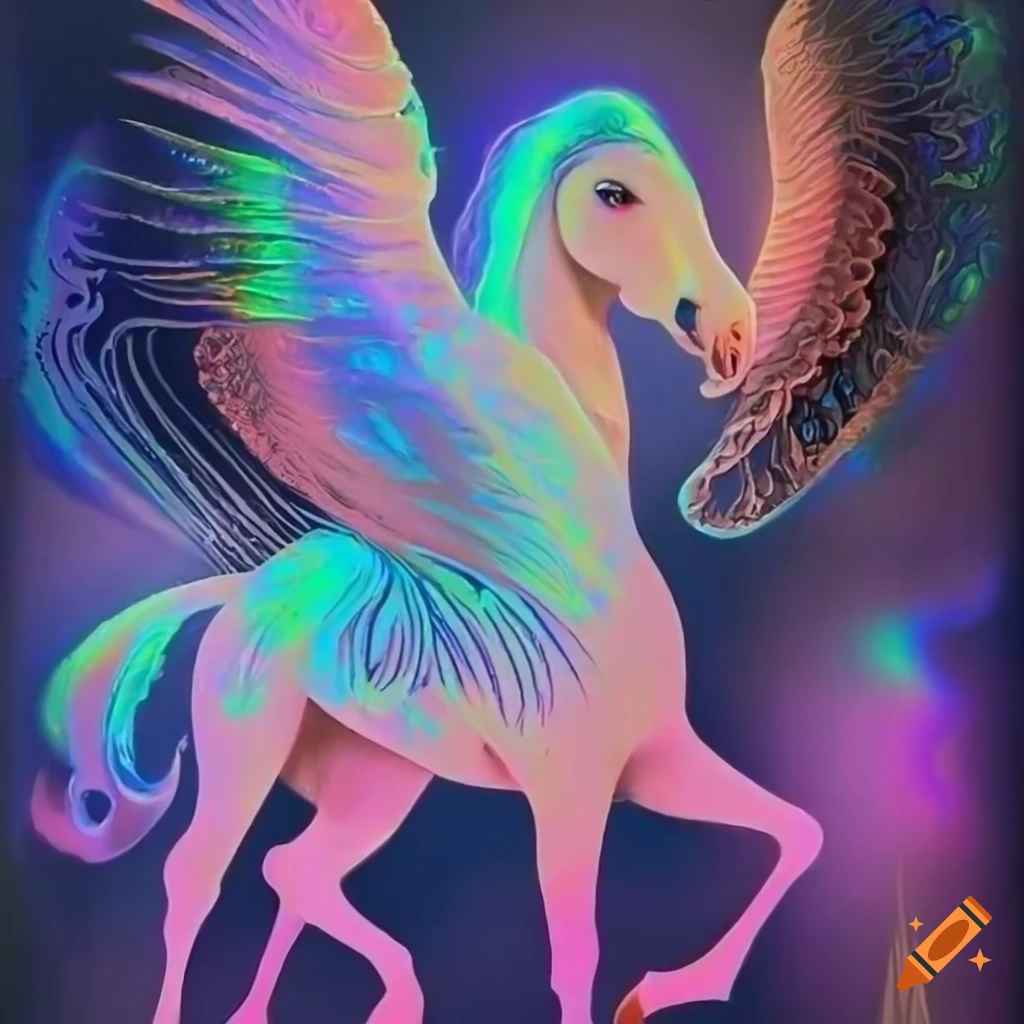 Pegasus painting in hologram art nouveau style with pastel colors on ...