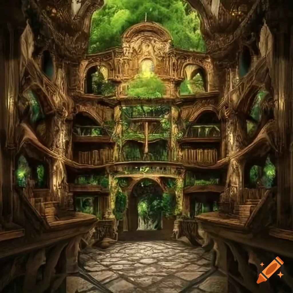 Gigantic ancient library in a bright enchanted forest surrounded by ...