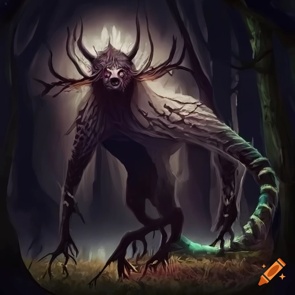 Mystical creature in a dark and ashen forest in fantasy style on Craiyon