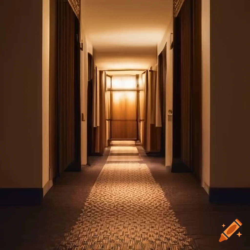 Hotel hallway with dim lighting and carpet flooring