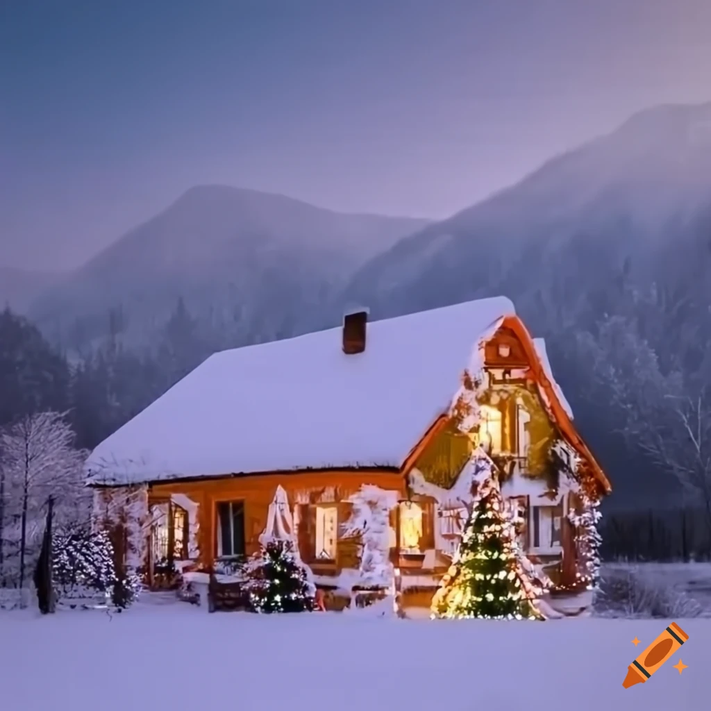 Snow-covered house with New Year's decorations in a wintry landscape on ...