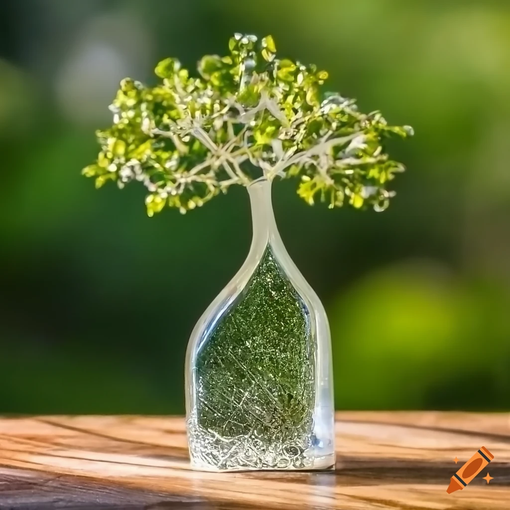 Glass sculpture of a small tree on a wooden table in evening light on ...