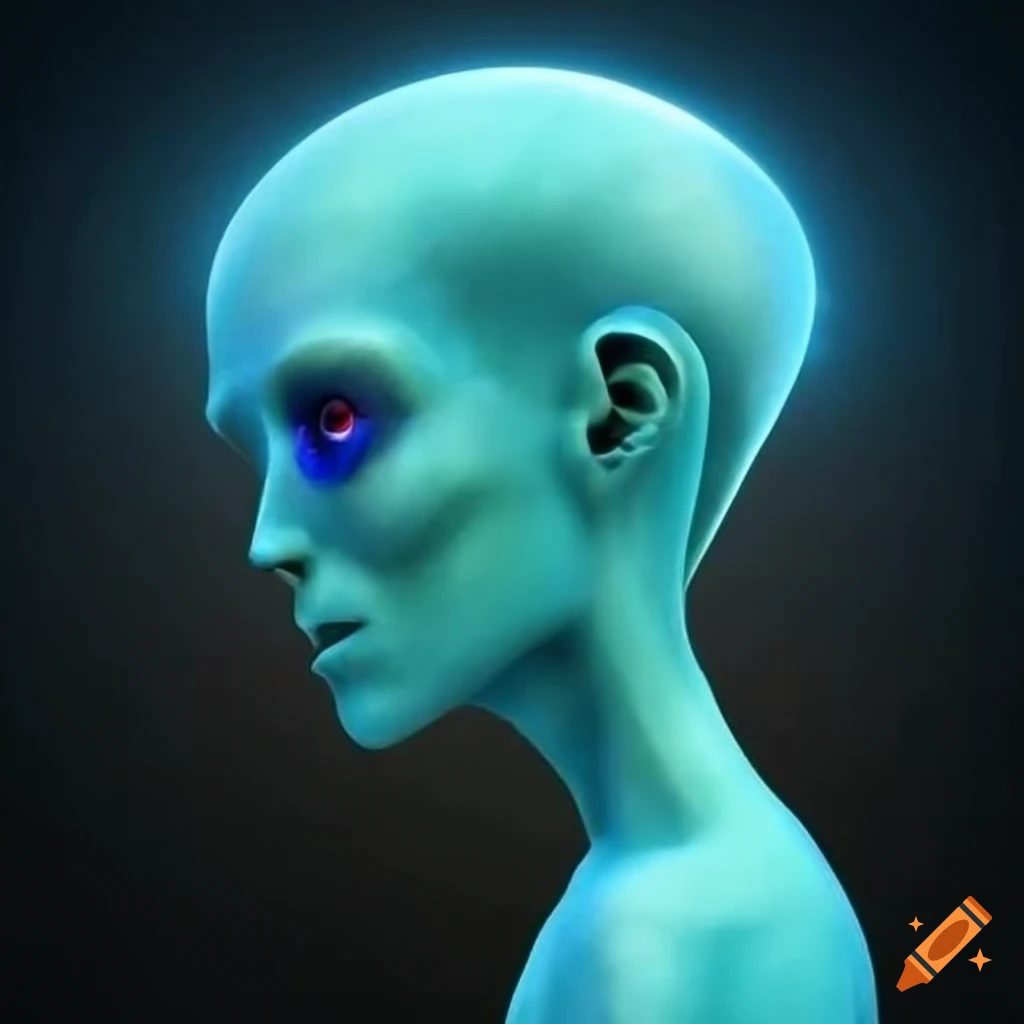 Mutated psychic human-alien symbiotic organism with glowing blue eyes ...