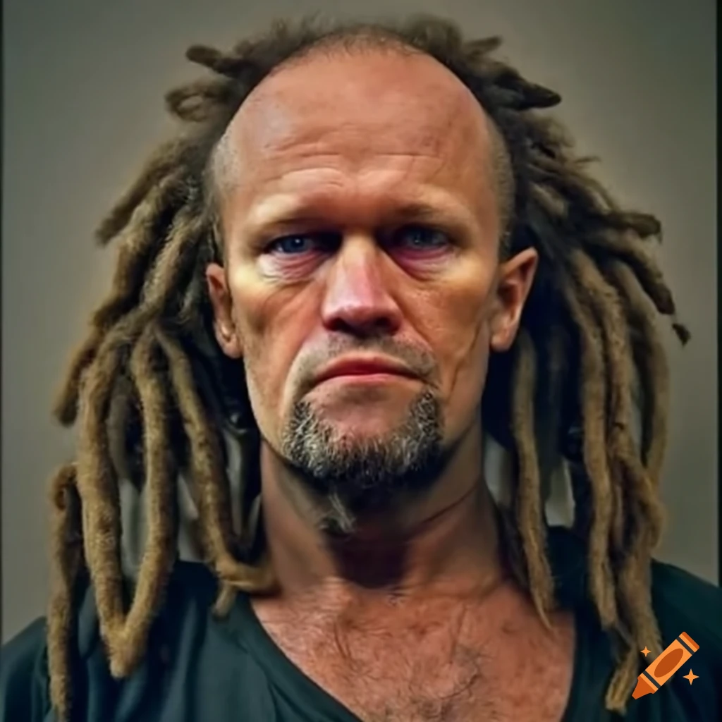 Michael rooker with dreadlocks in a prison mugshot on Craiyon