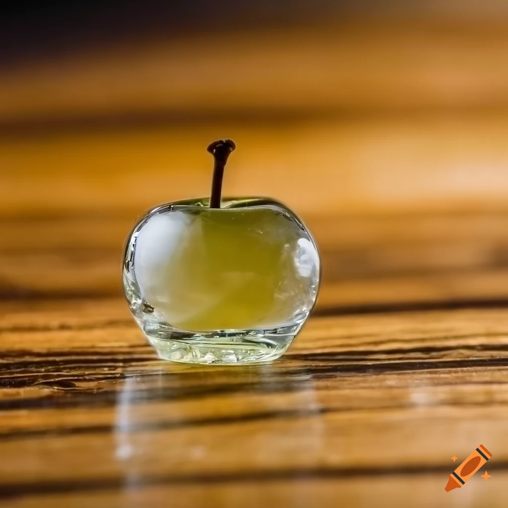 Glass sculpture of a small apple on a wooden table in evening light on ...