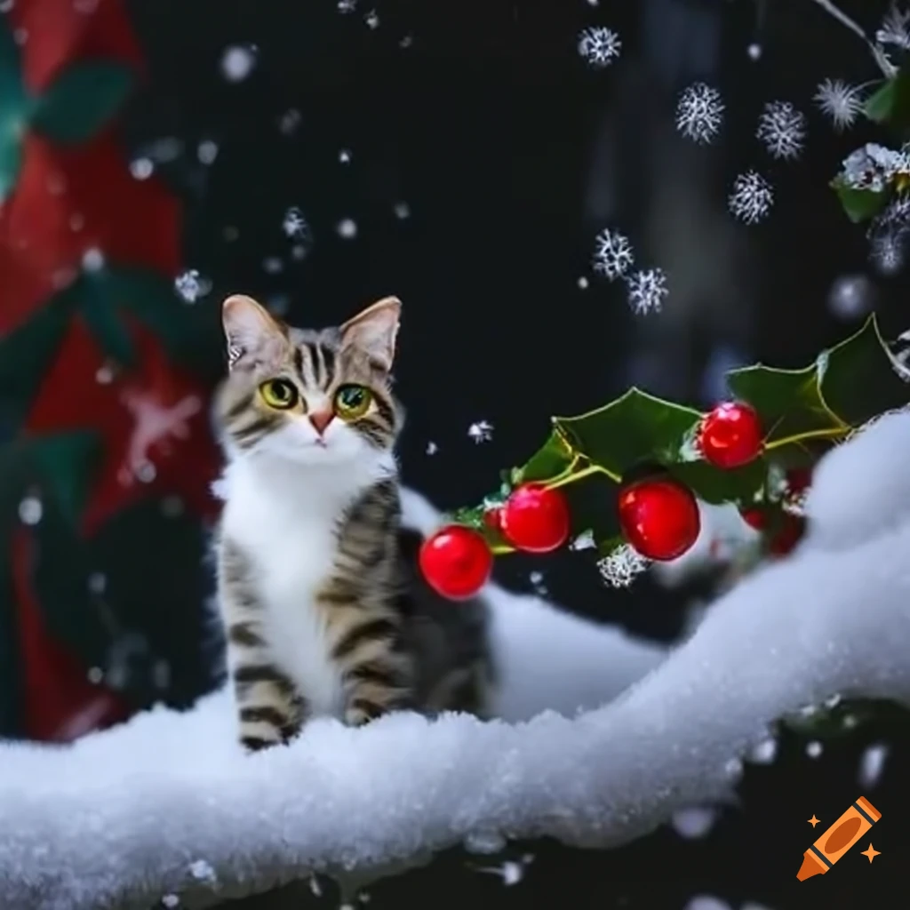 Christmas cat surrounded by snow and holly on Craiyon