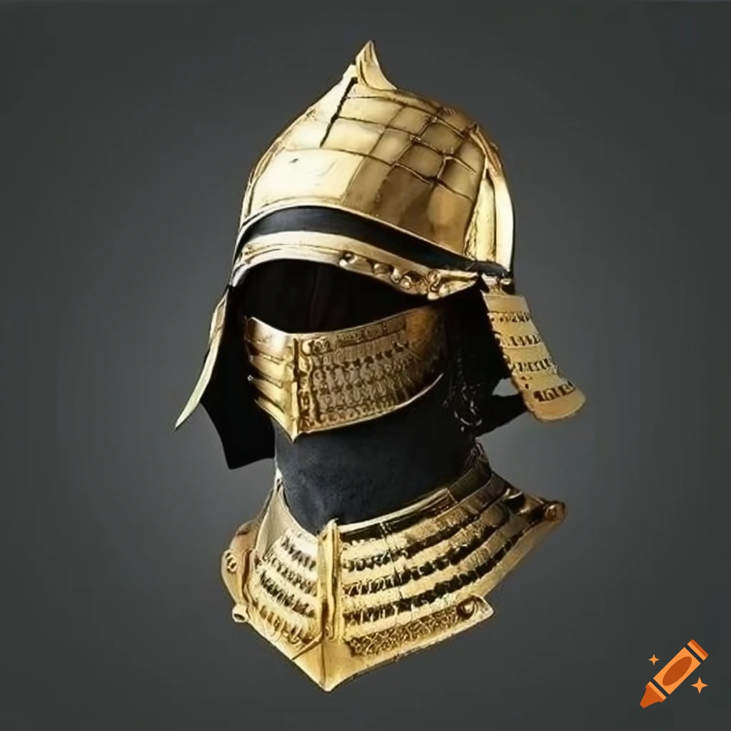 Medieval knight armor set with samurai helmet in black and gold