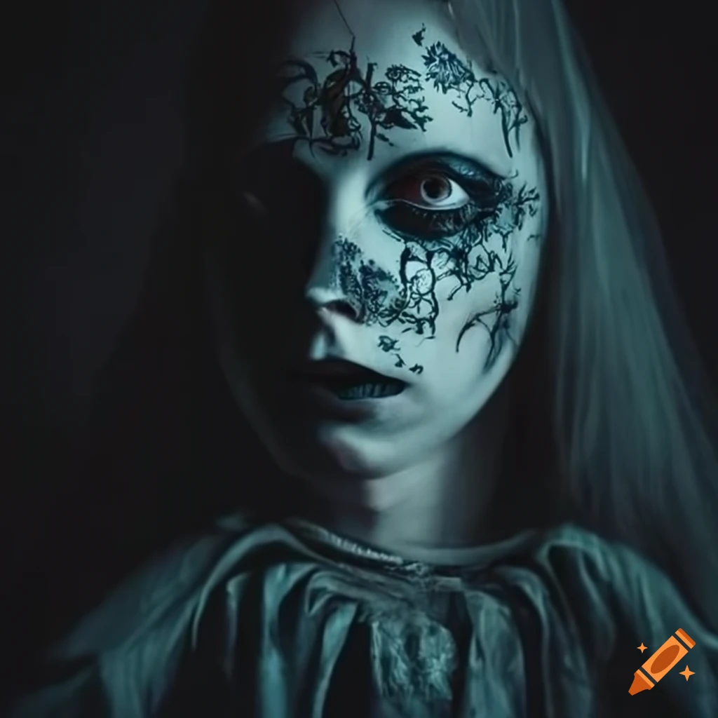 Eerie haunting portrait of a person in a detailed ritual folklore mask ...