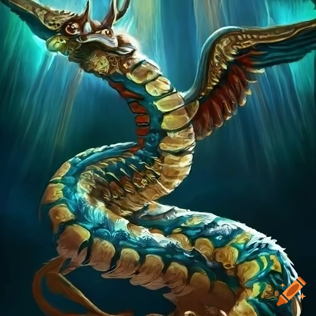 Feathered inca serpent in a fantasy art depiction on Craiyon